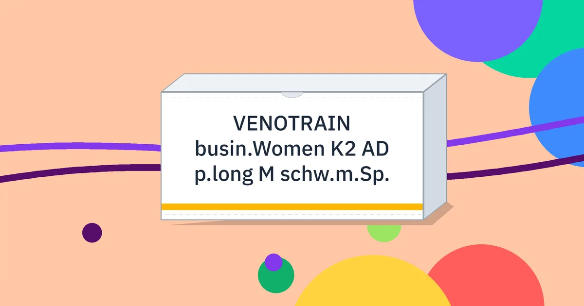 Symbolbild: Packung mit der Aufschrift VENOTRAIN busin.Women K2 AD p.long M schw.m.Sp. (PZN 10196381) – Verfügbarkeit und Bezug in Apotheken in Frankfurt am Main