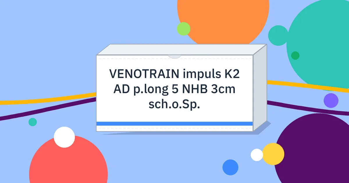 Symbolbild: Packung mit der Aufschrift VENOTRAIN impuls K2 AD p.long 5 NHB 3cm sch.o.Sp. (PZN 00656835) – Verfügbarkeit und Bezug in Apotheken in Frankfurt am Main