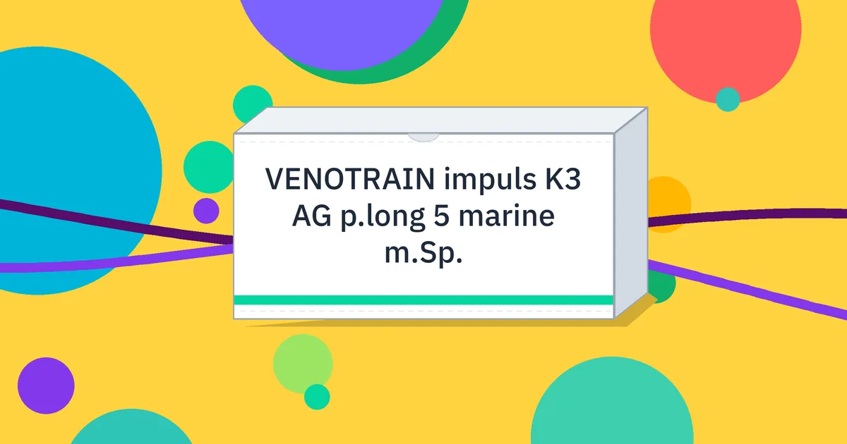 Symbolbild: Packung mit der Aufschrift VENOTRAIN impuls K3 AG p.long 5 marine m.Sp. (PZN 15213084) – Verfügbarkeit und Bezug in Apotheken in Frankfurt am Main