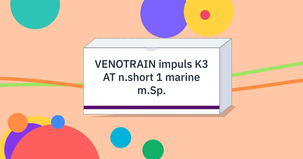 Symbolbild: Packung mit der Aufschrift VENOTRAIN impuls K3 AT n.short 1 marine m.Sp. (PZN 19355438) – Verfügbarkeit und Bezug in Apotheken in Frankfurt am Main