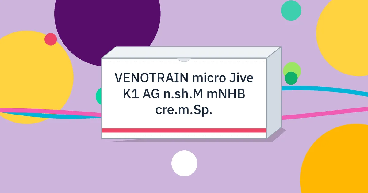 Symbolbild: Packung mit der Aufschrift VENOTRAIN micro Jive K1 AG n.sh.M mNHB cre.m.Sp. (PZN 17757842) – Verfügbarkeit und Bezug in Apotheken in Frankfurt am Main