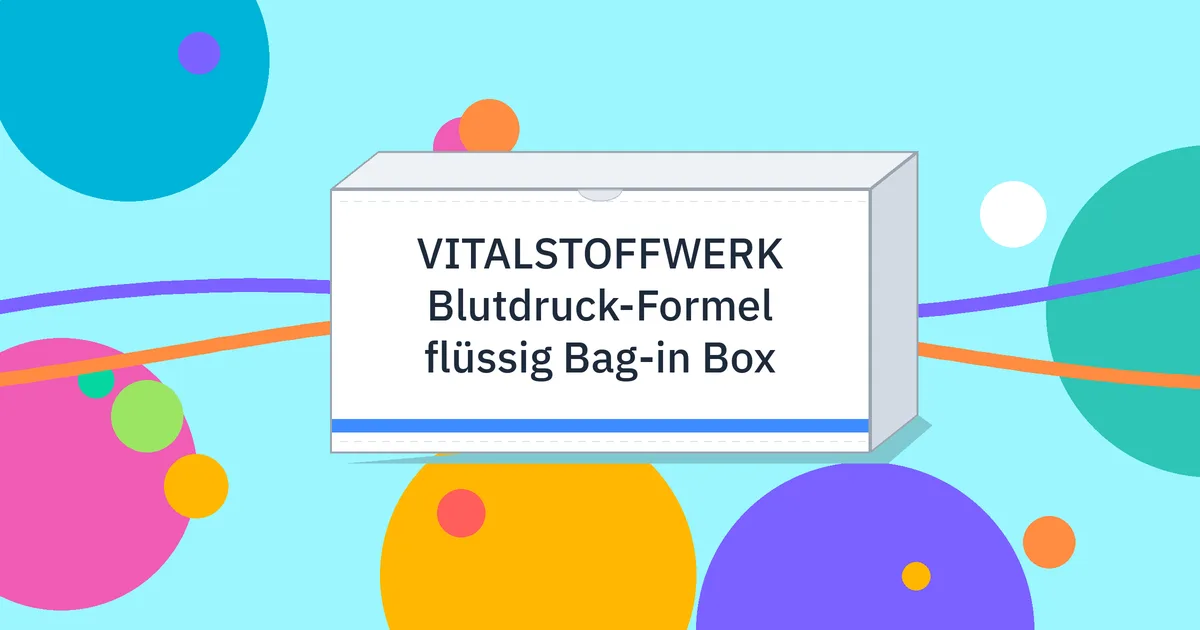 Symbolbild: Packung mit der Aufschrift VITALSTOFFWERK Blutdruck-Formel flüssig Bag-in Box (PZN 18466549) – Verfügbarkeit und Bezug in Apotheken in Frankfurt am Main