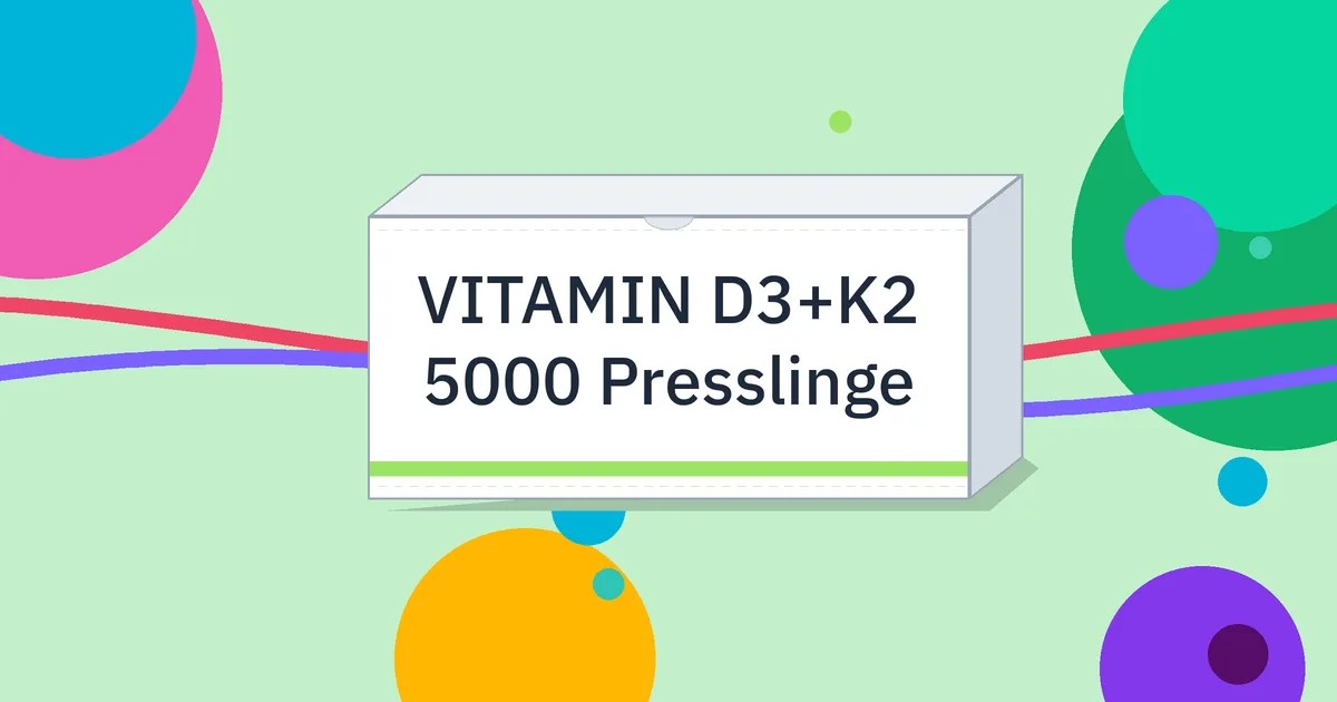 Symbolbild: Packung mit der Aufschrift VITAMIN D3+K2 5000 Presslinge (PZN 20339309) – Verfügbarkeit und Bezug in Apotheken in Frankfurt am Main