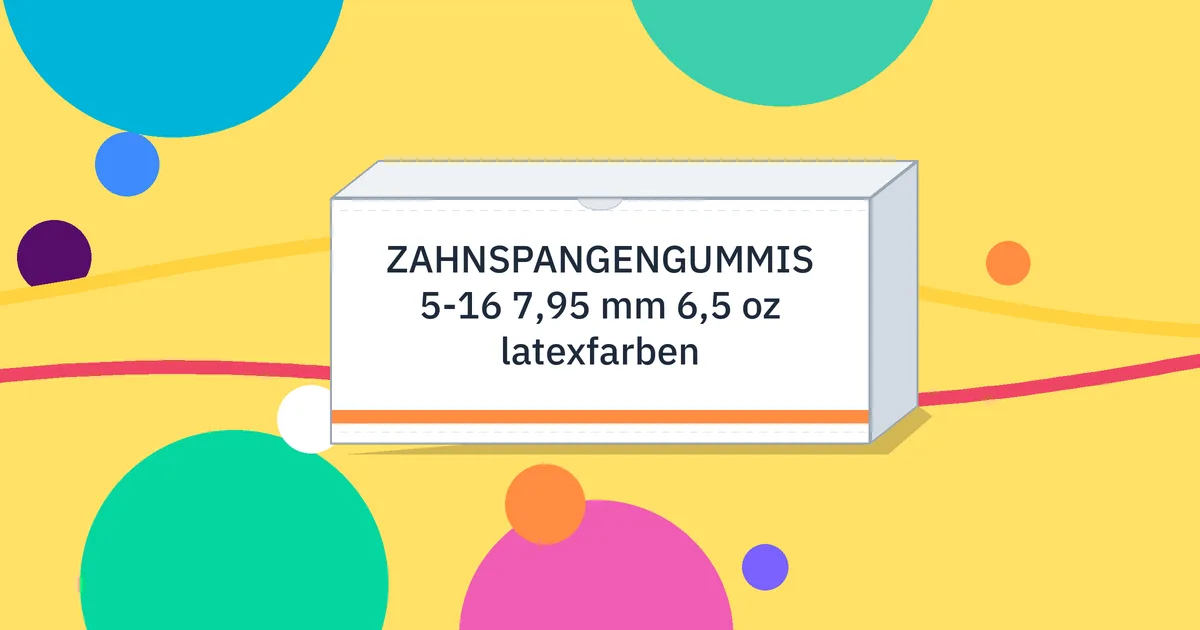 Symbolbild: Packung mit der Aufschrift ZAHNSPANGENGUMMIS 5-16 7,95 mm 6,5 oz latexfarben (PZN 19857878) – Verfügbarkeit und Bezug in Apotheken in Frankfurt am Main