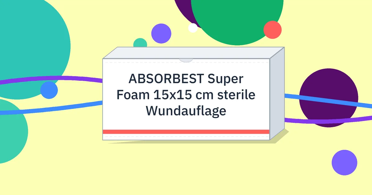 Symbolbild: Packung mit der Aufschrift ABSORBEST Super Foam 15x15 cm sterile Wundauflage (PZN 19635623) – Verfügbarkeit und Bezug in Apotheken in Frankfurt am Main