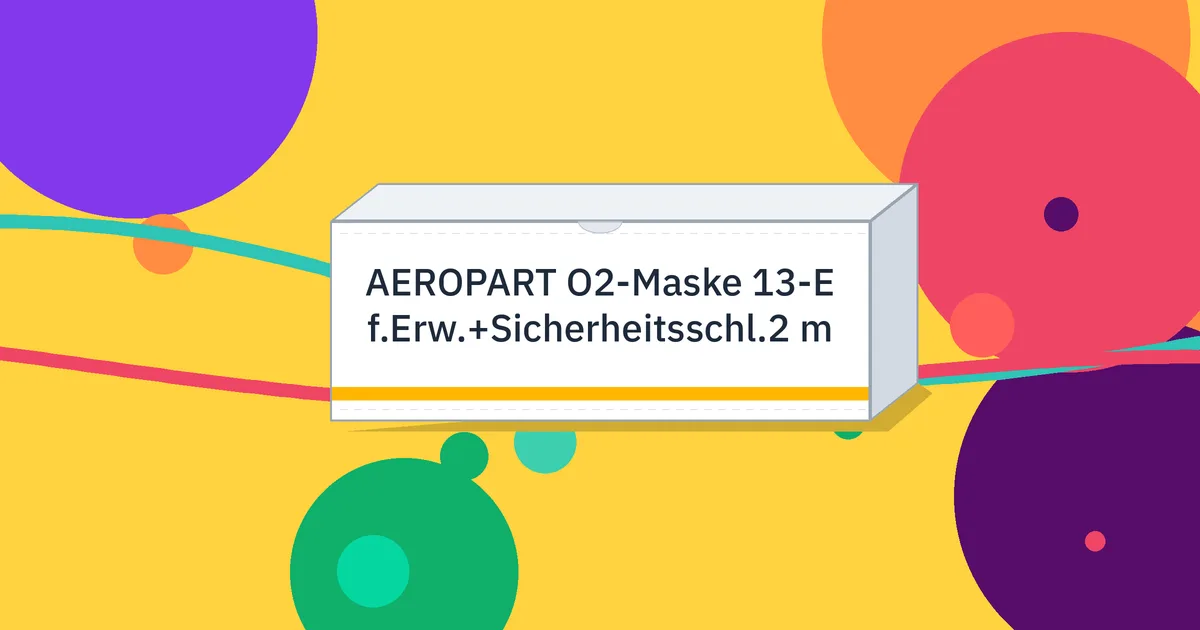 Symbolbild: Packung mit der Aufschrift AEROPART O2-Maske 13-E f.Erw.+Sicherheitsschl.2 m (PZN 20222211) – Verfügbarkeit und Bezug in Apotheken in Frankfurt am Main