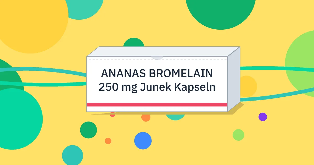 Symbolbild: Packung mit der Aufschrift ANANAS BROMELAIN 250 mg Junek Kapseln (PZN 02572427) – Verfügbarkeit und Bezug in Apotheken in Frankfurt am Main