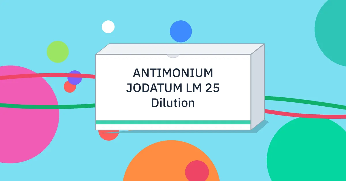 Symbolbild: Packung mit der Aufschrift ANTIMONIUM JODATUM LM 25 Dilution (PZN 12764381) – Verfügbarkeit und Bezug in Apotheken in Frankfurt am Main