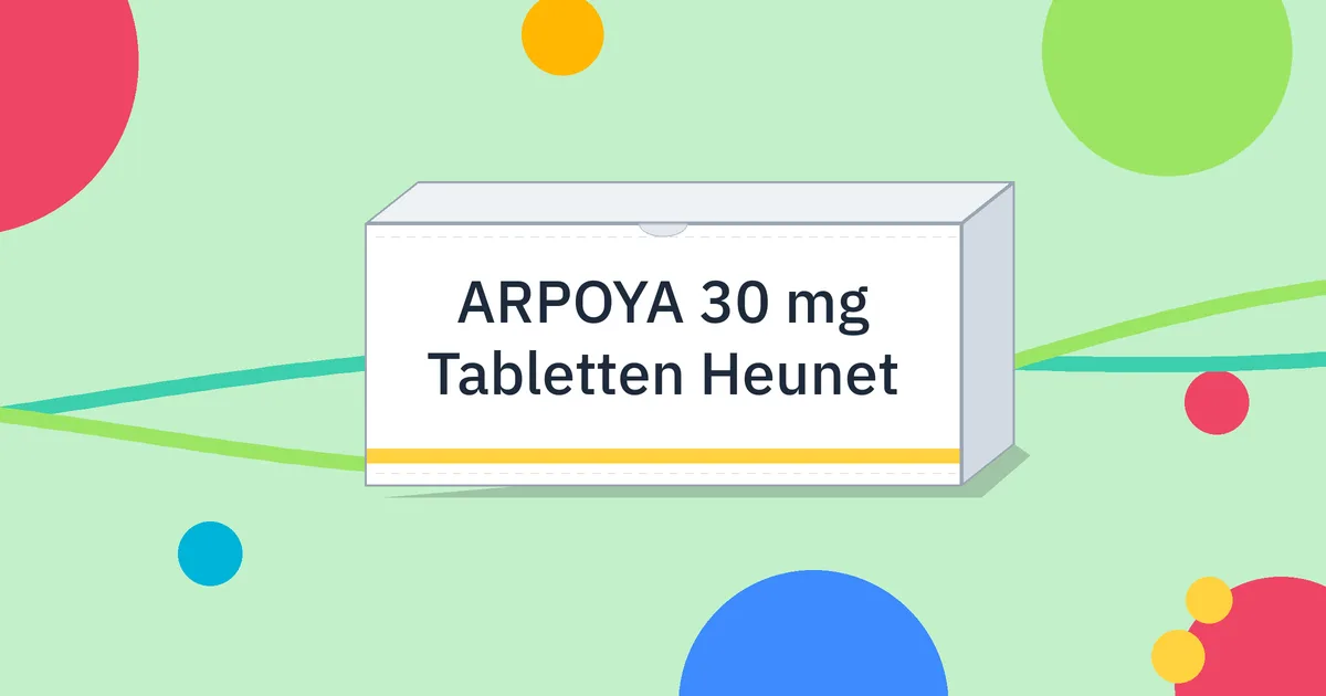 Symbolbild: Packung mit der Aufschrift ARPOYA 30 mg Tabletten Heunet (PZN 13877012) – Verfügbarkeit und Bezug in Apotheken in Frankfurt am Main