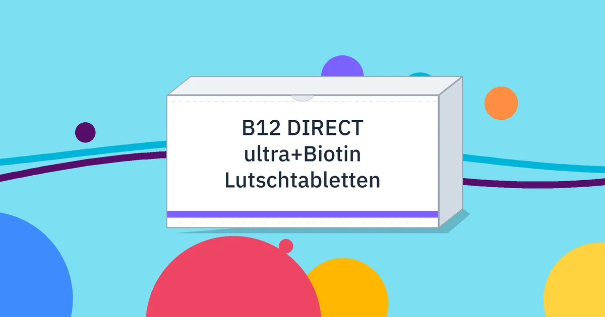 Symbolbild: Packung mit der Aufschrift B12 DIRECT ultra+Biotin Lutschtabletten (PZN 17149717) – Verfügbarkeit und Bezug in Apotheken in Frankfurt am Main