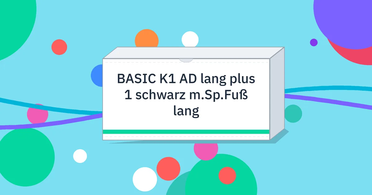 Symbolbild: Packung mit der Aufschrift BASIC K1 AD lang plus 1 schwarz m.Sp.Fuß lang (PZN 20256902) – Verfügbarkeit und Bezug in Apotheken in Frankfurt am Main