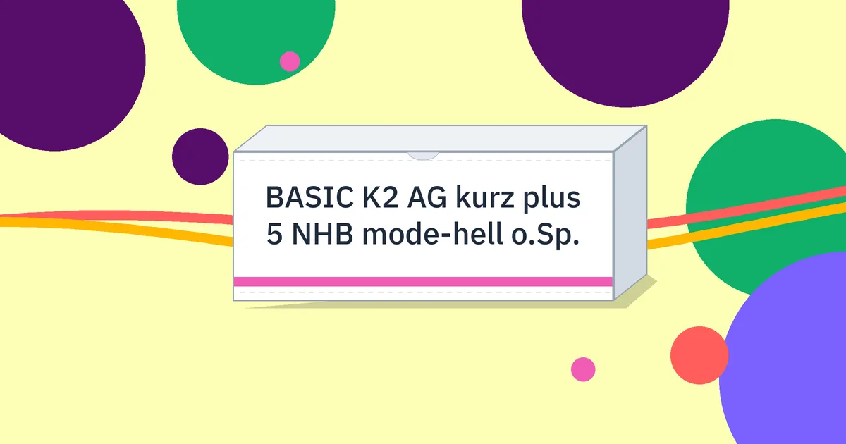 Symbolbild: Packung mit der Aufschrift BASIC K2 AG kurz plus 5 NHB mode-hell o.Sp. (PZN 20268058) – Verfügbarkeit und Bezug in Apotheken in Frankfurt am Main