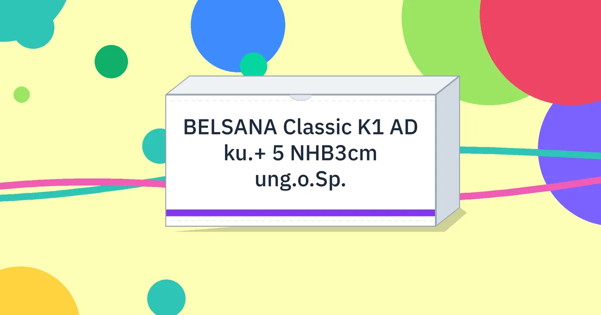 Symbolbild: Packung mit der Aufschrift BELSANA Classic K1 AD ku.+ 5 NHB3cm ung.o.Sp. (PZN 19256920) – Verfügbarkeit und Bezug in Apotheken in Frankfurt am Main