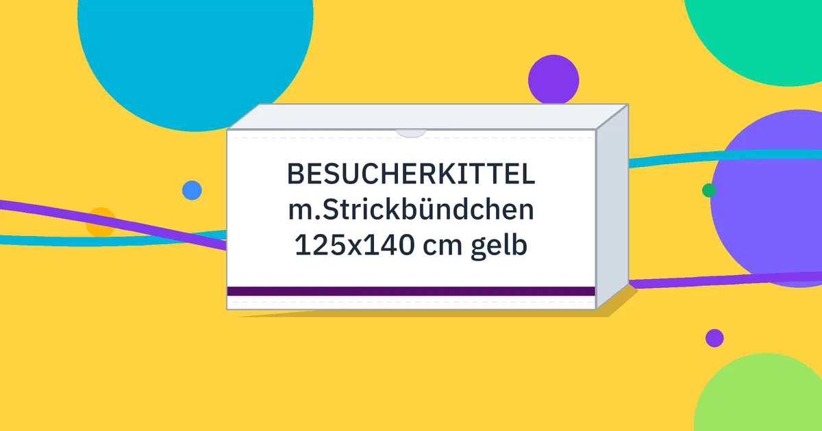 Symbolbild: Packung mit der Aufschrift BESUCHERKITTEL m.Strickbündchen 125x140 cm gelb (PZN 01154248) – Verfügbarkeit und Bezug in Apotheken in Frankfurt am Main