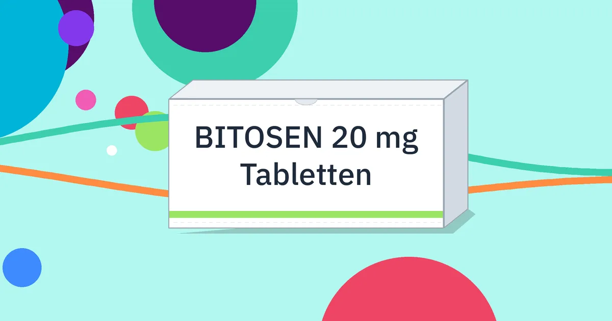 Symbolbild: Packung mit der Aufschrift BITOSEN 20 mg Tabletten (PZN 18890483) – Verfügbarkeit und Bezug in Apotheken in Frankfurt am Main