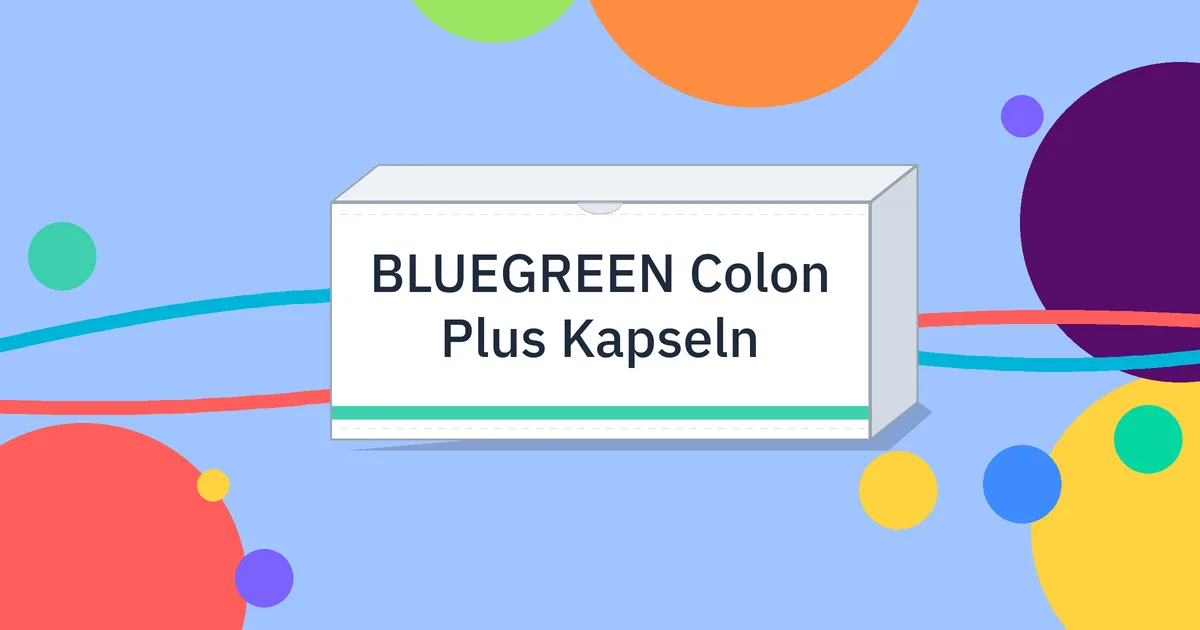 Symbolbild: Packung mit der Aufschrift BLUEGREEN Colon Plus Kapseln (PZN 11164851) – Verfügbarkeit und Bezug in Apotheken in Frankfurt am Main