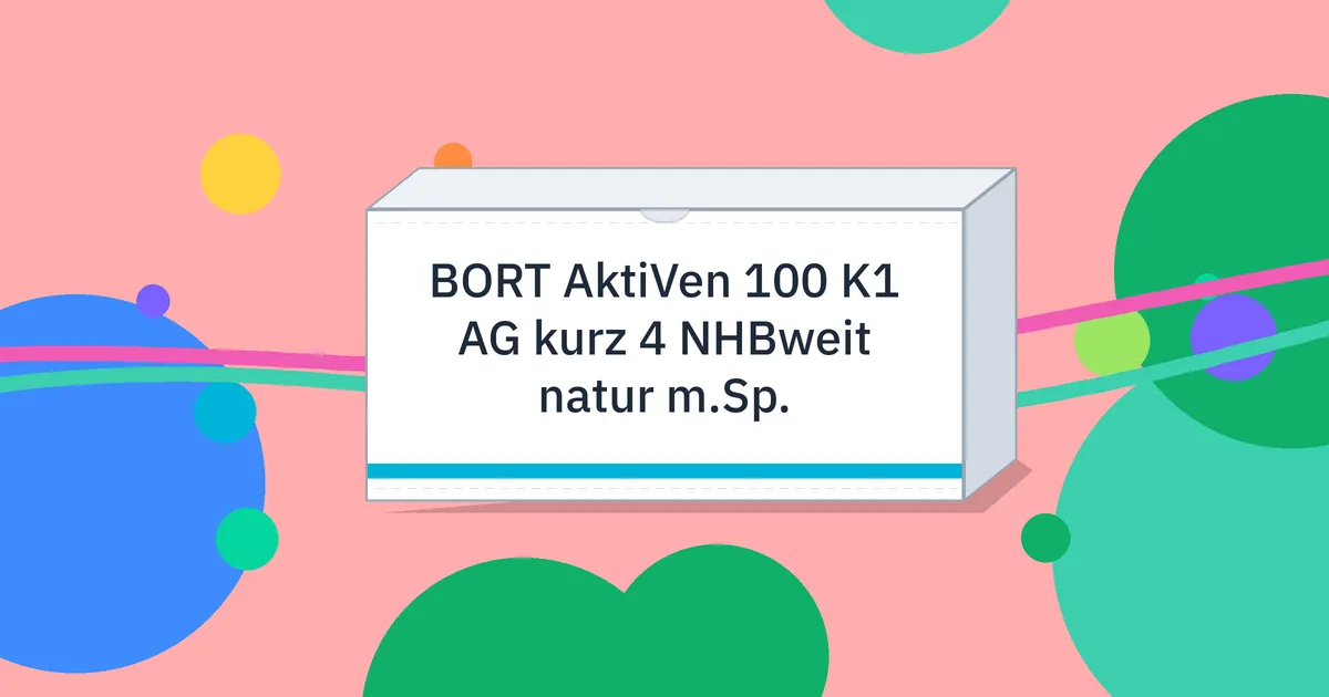 Symbolbild: Packung mit der Aufschrift BORT AktiVen 100 K1 AG kurz 4 NHBweit natur m.Sp. (PZN 13729984) – Verfügbarkeit und Bezug in Apotheken in Frankfurt am Main
