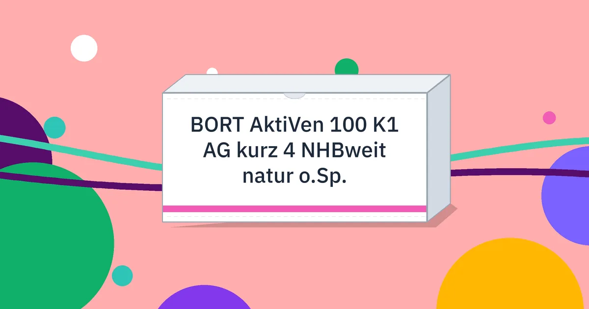 Symbolbild: Packung mit der Aufschrift BORT AktiVen 100 K1 AG kurz 4 NHBweit natur o.Sp. (PZN 13729642) – Verfügbarkeit und Bezug in Apotheken in Frankfurt am Main