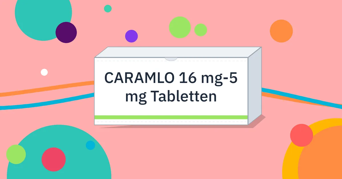 Symbolbild: Packung mit der Aufschrift CARAMLO 16 mg-5 mg Tabletten (PZN 18087674) – Verfügbarkeit und Bezug in Apotheken in Frankfurt am Main