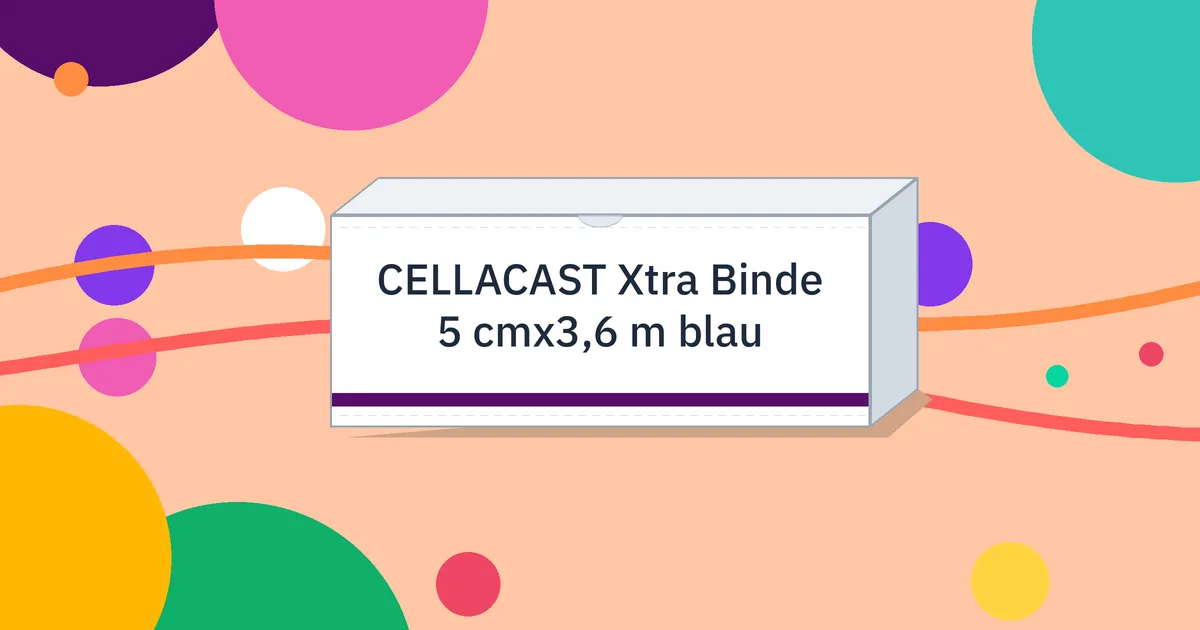 Symbolbild: Packung mit der Aufschrift CELLACAST Xtra Binde 5 cmx3,6 m blau (PZN 14252478) – Verfügbarkeit und Bezug in Apotheken in Frankfurt am Main