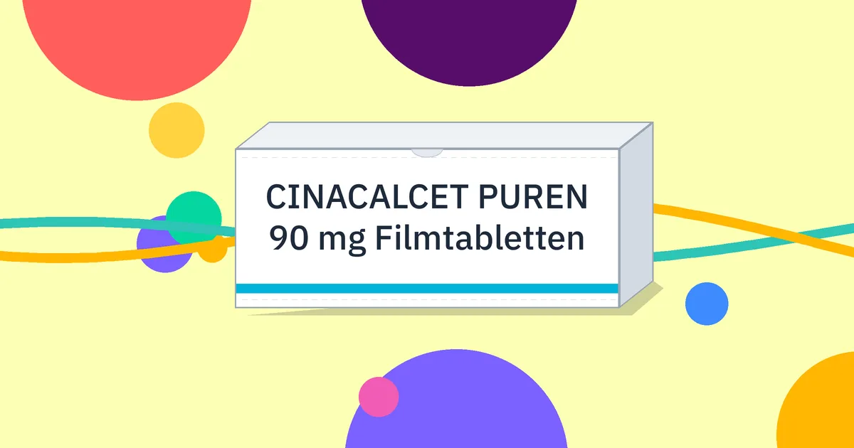 Symbolbild: Packung mit der Aufschrift CINACALCET PUREN 90 mg Filmtabletten (PZN 15396593) – Verfügbarkeit und Bezug in Apotheken in Frankfurt am Main