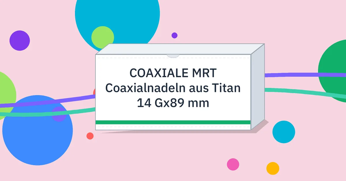 Symbolbild: Packung mit der Aufschrift COAXIALE MRT Coaxialnadeln aus Titan 14 Gx89 mm (PZN 03478972) – Verfügbarkeit und Bezug in Apotheken in Frankfurt am Main