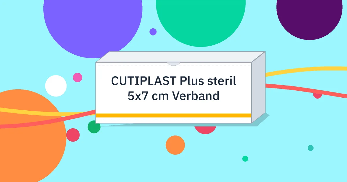Symbolbild: Packung mit der Aufschrift CUTIPLAST Plus steril 5x7 cm Verband (PZN 14329577) – Verfügbarkeit und Bezug in Apotheken in Frankfurt am Main