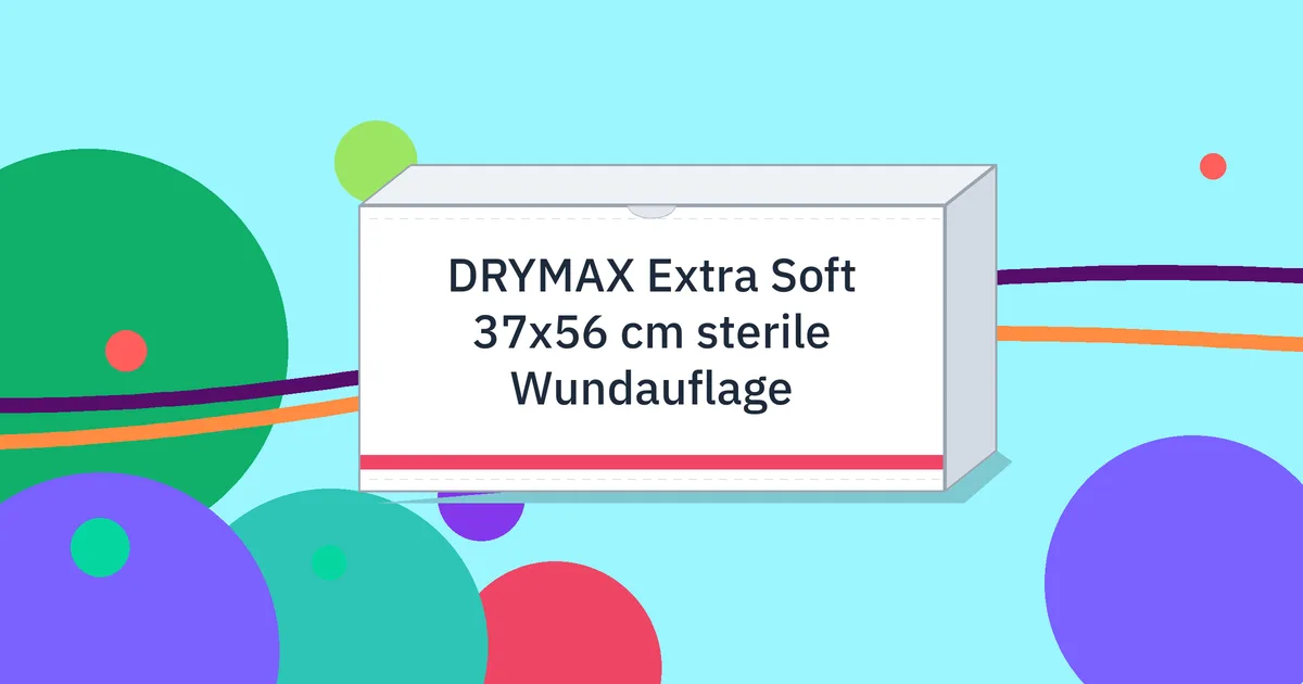 Symbolbild: Packung mit der Aufschrift DRYMAX Extra Soft 37x56 cm sterile Wundauflage (PZN 14360788) – Verfügbarkeit und Bezug in Apotheken in Frankfurt am Main