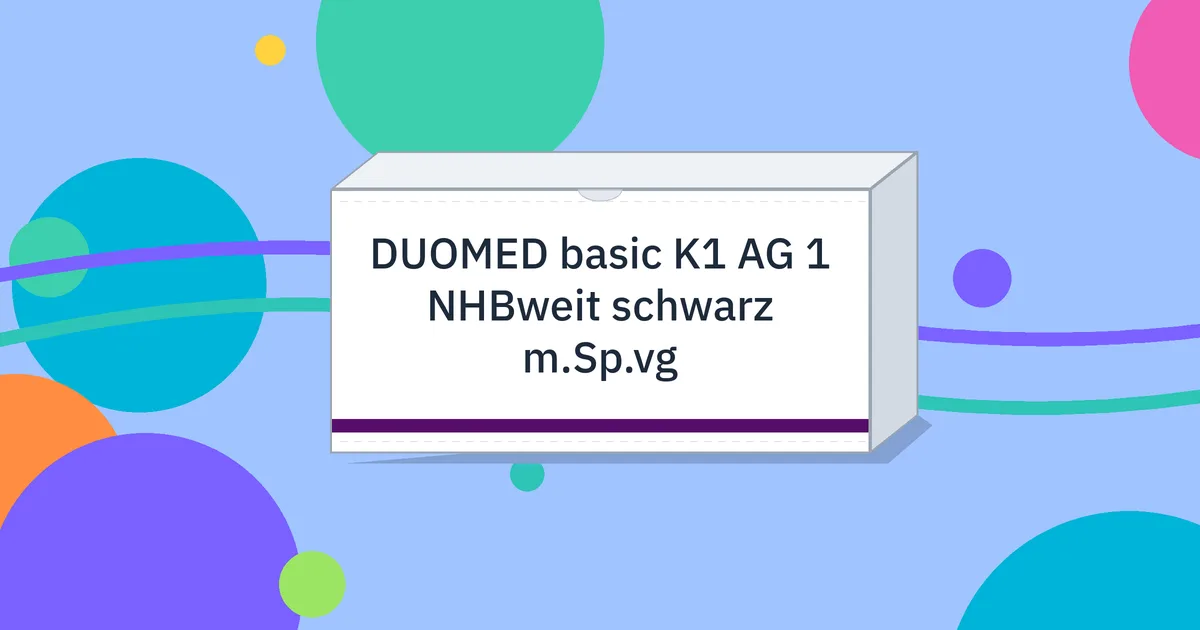 Symbolbild: Packung mit der Aufschrift DUOMED basic K1 AG 1 NHBweit schwarz m.Sp.vg (PZN 20905826) – Verfügbarkeit und Bezug in Apotheken in Frankfurt am Main