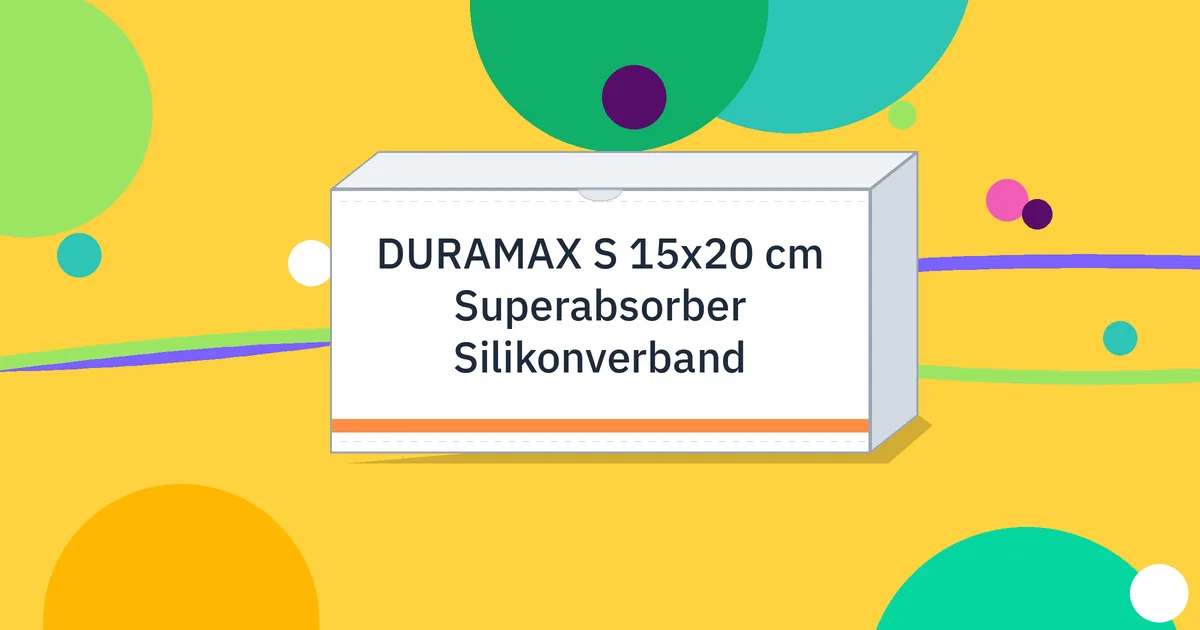 Symbolbild: Packung mit der Aufschrift DURAMAX S 15x20 cm Superabsorber Silikonverband (PZN 19151109) – Verfügbarkeit und Bezug in Apotheken in Frankfurt am Main