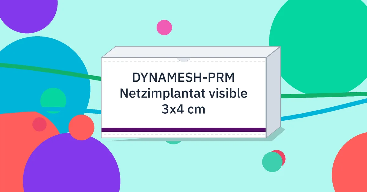 Symbolbild: Packung mit der Aufschrift DYNAMESH-PRM Netzimplantat visible 3x4 cm (PZN 19390400) – Verfügbarkeit und Bezug in Apotheken in Frankfurt am Main