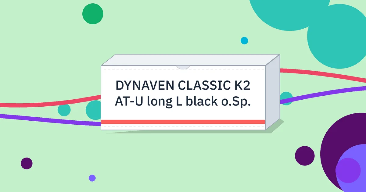 Symbolbild: Packung mit der Aufschrift DYNAVEN CLASSIC K2 AT-U long L black o.Sp. (PZN 18419490) – Verfügbarkeit und Bezug in Apotheken in Frankfurt am Main