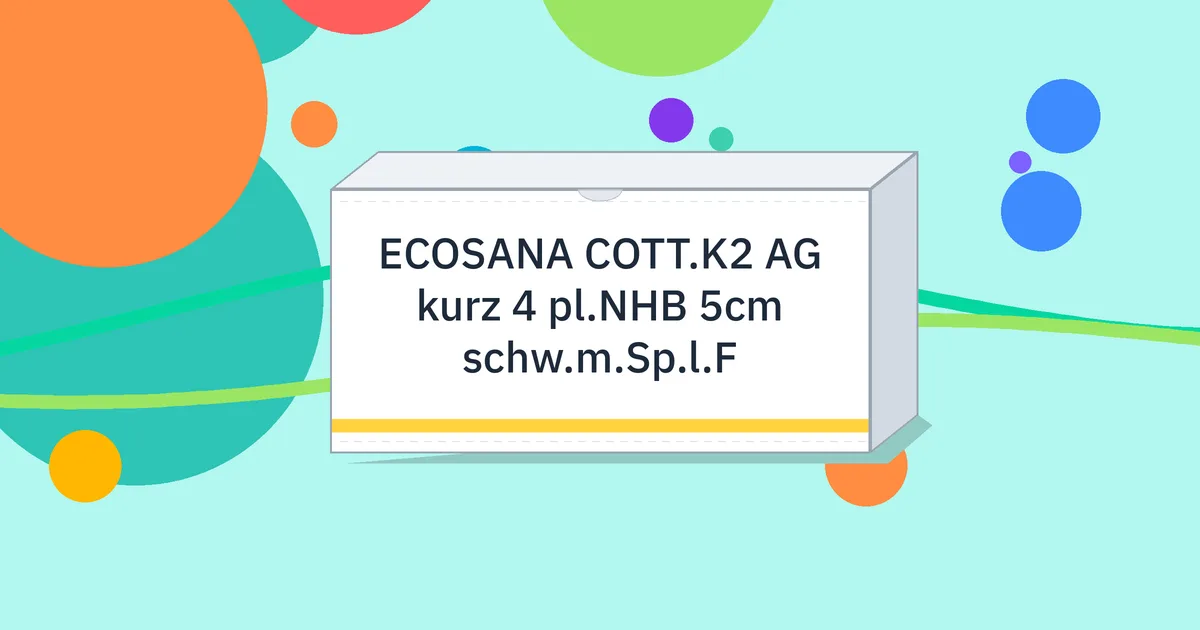 Symbolbild: Packung mit der Aufschrift ECOSANA COTT.K2 AG kurz 4 pl.NHB 5cm schw.m.Sp.l.F (PZN 16949864) – Verfügbarkeit und Bezug in Apotheken in Frankfurt am Main