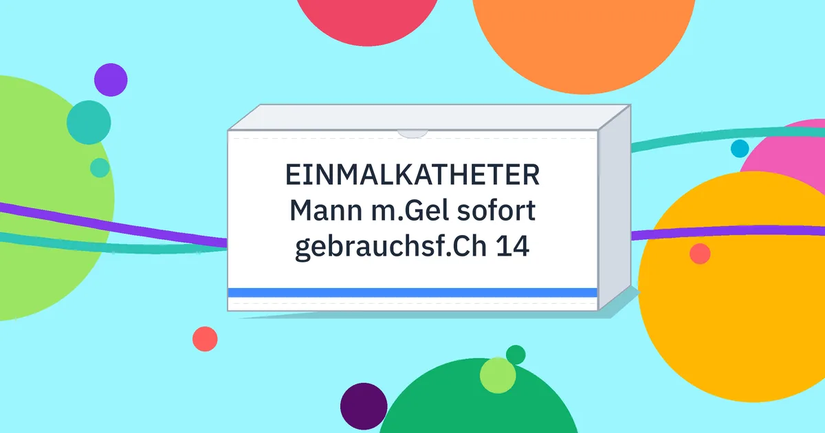 Symbolbild: Packung mit der Aufschrift EINMALKATHETER Mann m.Gel sofort gebrauchsf.Ch 14 (PZN 09943677) – Verfügbarkeit und Bezug in Apotheken in Frankfurt am Main