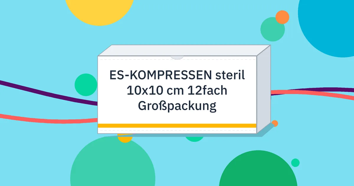 Symbolbild: Packung mit der Aufschrift ES-KOMPRESSEN steril 10x10 cm 12fach Großpackung (PZN 20228768) – Verfügbarkeit und Bezug in Apotheken in Frankfurt am Main
