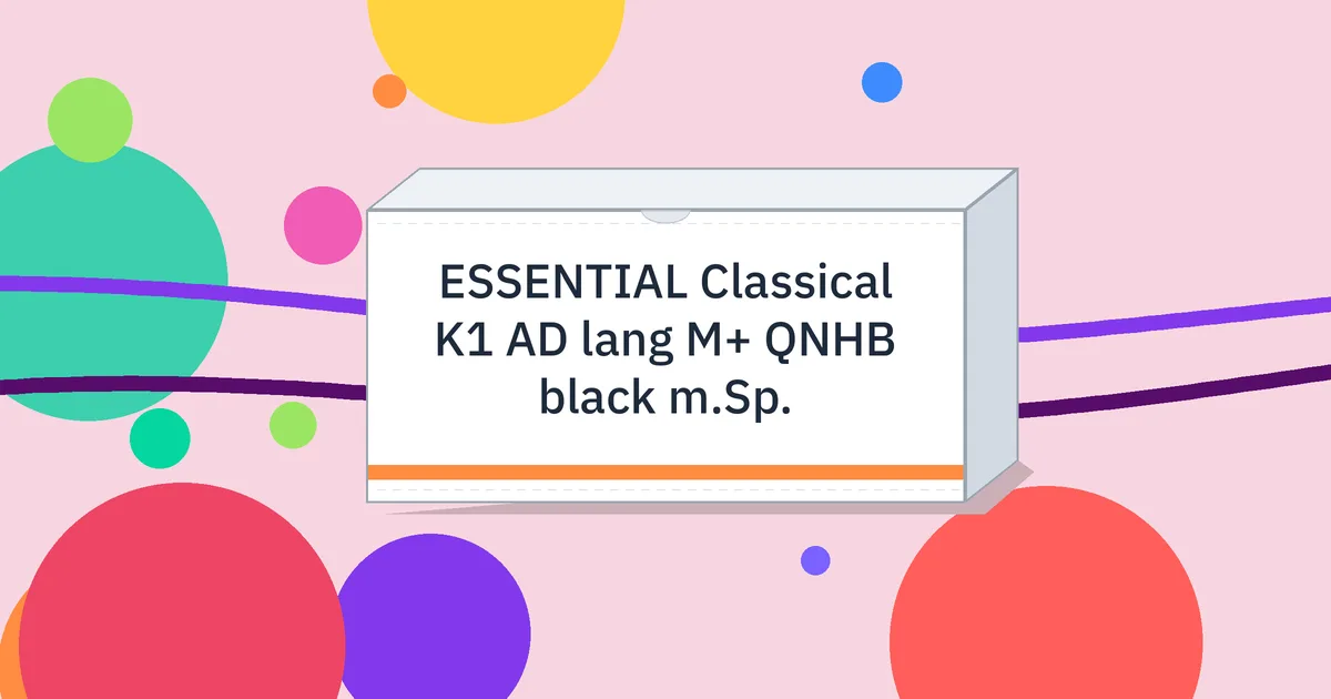 Symbolbild: Packung mit der Aufschrift ESSENTIAL Classical K1 AD lang M+ QNHB black m.Sp. (PZN 18866786) – Verfügbarkeit und Bezug in Apotheken in Frankfurt am Main