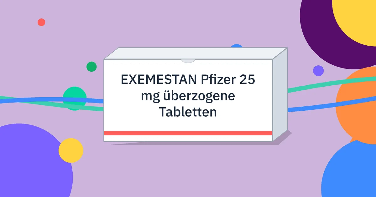 Symbolbild: Packung mit der Aufschrift EXEMESTAN Pfizer 25 mg überzogene Tabletten (PZN 08819142) – Verfügbarkeit und Bezug in Apotheken in Frankfurt am Main