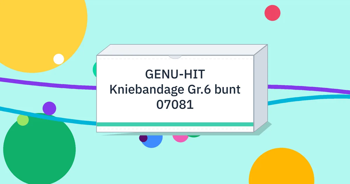 Symbolbild: Packung mit der Aufschrift GENU-HIT Kniebandage Gr.6 bunt 07081 (PZN 08486373) – Verfügbarkeit und Bezug in Apotheken in Frankfurt am Main