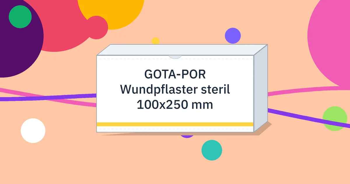 Symbolbild: Packung mit der Aufschrift GOTA-POR Wundpflaster steril 100x250 mm (PZN 04473698) – Verfügbarkeit und Bezug in Apotheken in Frankfurt am Main