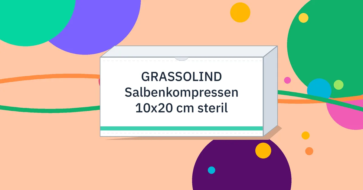 Symbolbild: Packung mit der Aufschrift GRASSOLIND Salbenkompressen 10x20 cm steril (PZN 17376896) – Verfügbarkeit und Bezug in Apotheken in Frankfurt am Main