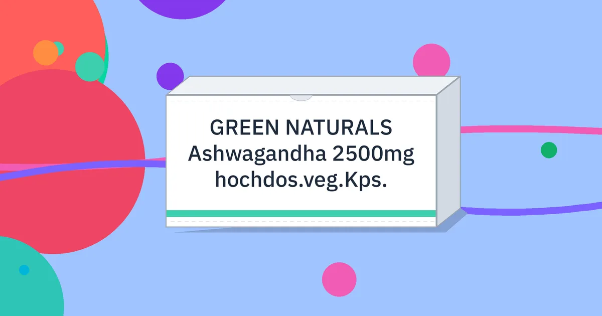 Symbolbild: Packung mit der Aufschrift GREEN NATURALS Ashwagandha 2500mg hochdos.veg.Kps. (PZN 18905440) – Verfügbarkeit und Bezug in Apotheken in Frankfurt am Main