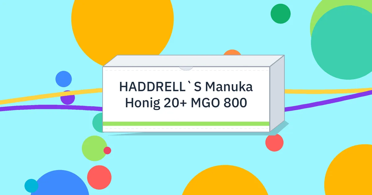 Symbolbild: Packung mit der Aufschrift HADDRELL`S Manuka Honig 20+ MGO 800 (PZN 15814731) – Verfügbarkeit und Bezug in Apotheken in Frankfurt am Main