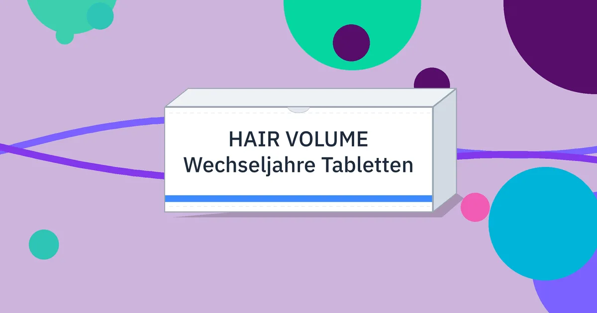 Symbolbild: Packung mit der Aufschrift HAIR VOLUME Wechseljahre Tabletten (PZN 20330633) – Verfügbarkeit und Bezug in Apotheken in Frankfurt am Main