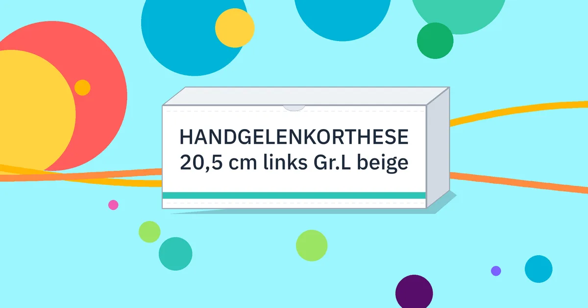 Symbolbild: Packung mit der Aufschrift HANDGELENKORTHESE 20,5 cm links Gr.L beige (PZN 03387531) – Verfügbarkeit und Bezug in Apotheken in Frankfurt am Main