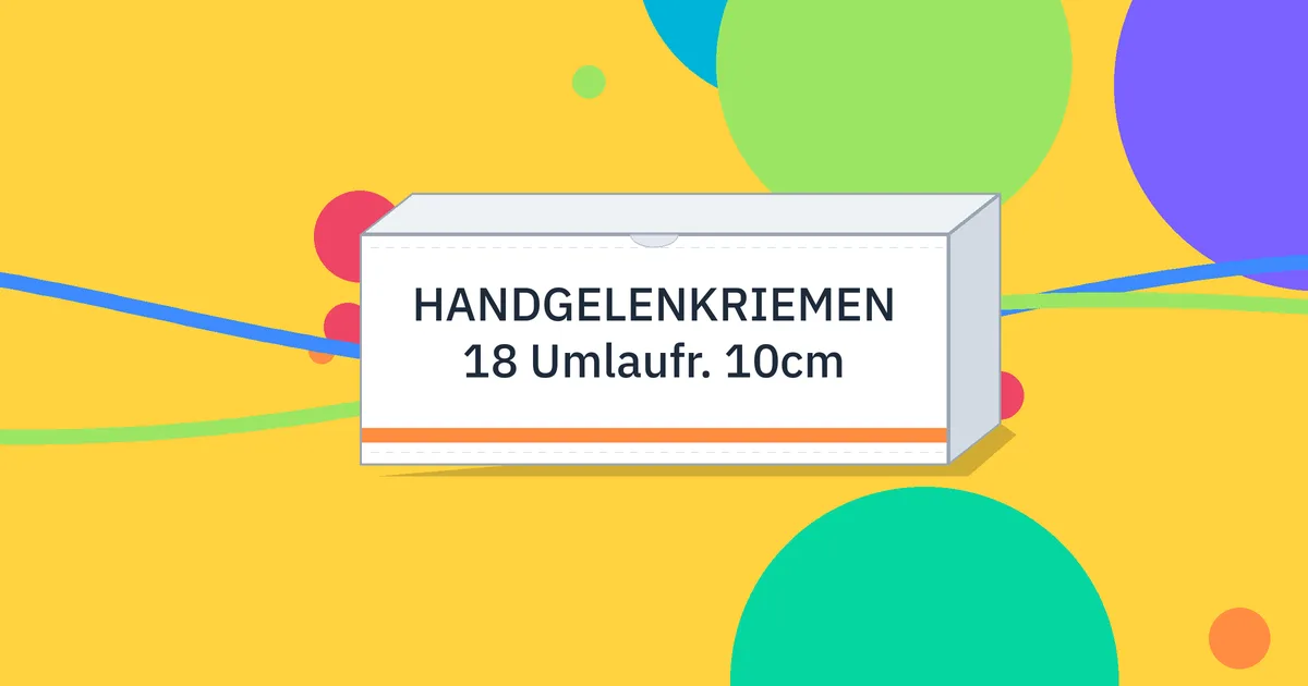 Symbolbild: Packung mit der Aufschrift HANDGELENKRIEMEN 18 Umlaufr. 10cm (PZN 01962770) – Verfügbarkeit und Bezug in Apotheken in Frankfurt am Main