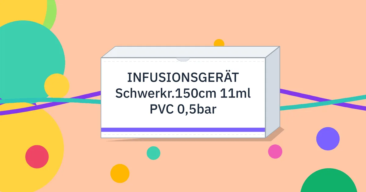 Symbolbild: Packung mit der Aufschrift INFUSIONSGERÄT Schwerkr.150cm 11ml PVC 0,5bar (PZN 18837098) – Verfügbarkeit und Bezug in Apotheken in Frankfurt am Main