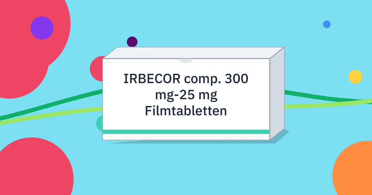Symbolbild: Packung mit der Aufschrift IRBECOR comp. 300 mg-25 mg Filmtabletten (PZN 09765129) – Verfügbarkeit und Bezug in Apotheken in Frankfurt am Main