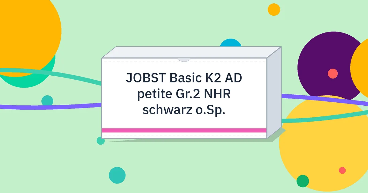 Symbolbild: Packung mit der Aufschrift JOBST Basic K2 AD petite Gr.2 NHR schwarz o.Sp. (PZN 15313199) – Verfügbarkeit und Bezug in Apotheken in Frankfurt am Main