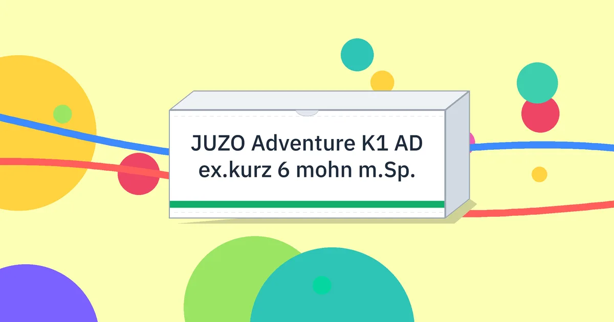 Symbolbild: Packung mit der Aufschrift JUZO Adventure K1 AD ex.kurz 6 mohn m.Sp. (PZN 14978353) – Verfügbarkeit und Bezug in Apotheken in Frankfurt am Main