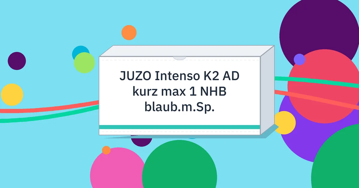 Symbolbild: Packung mit der Aufschrift JUZO Intenso K2 AD kurz max 1 NHB blaub.m.Sp. (PZN 18612206) – Verfügbarkeit und Bezug in Apotheken in Frankfurt am Main